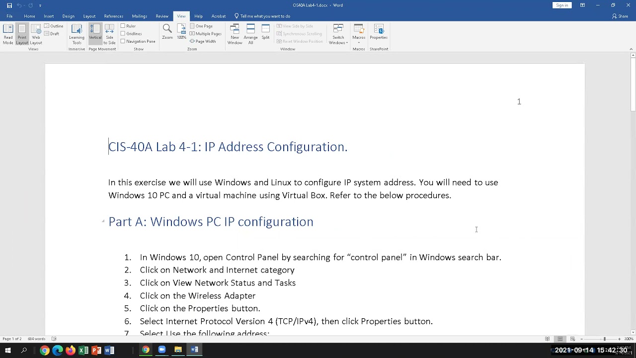 CIS-40A Lab 4-1: Configure IP in Windows 10 and Linux