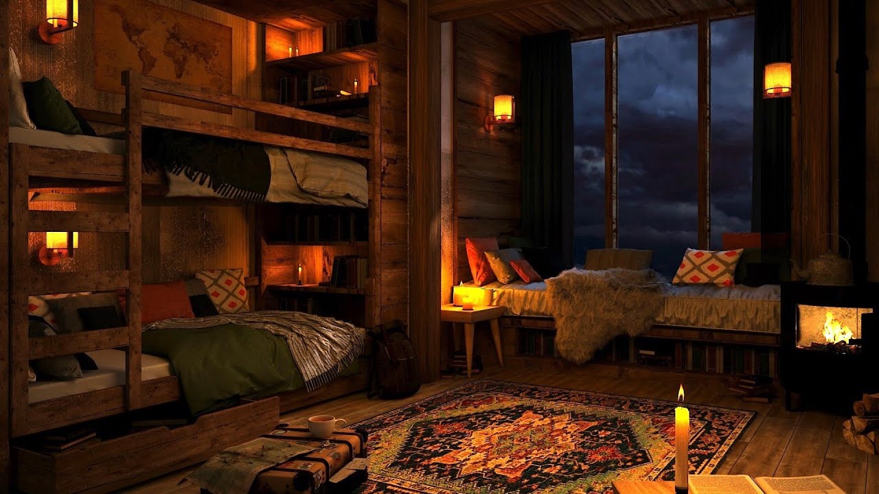 Cozy Cabin Ambience with Gentle Night Rain and Crackling Fireplace Sounds | 8 Hours