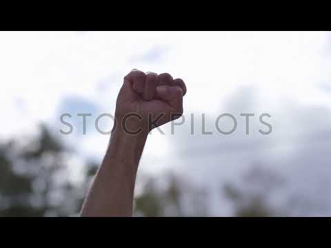 A clenched fist raised in the air as a sign of protest, activism and solidarity.