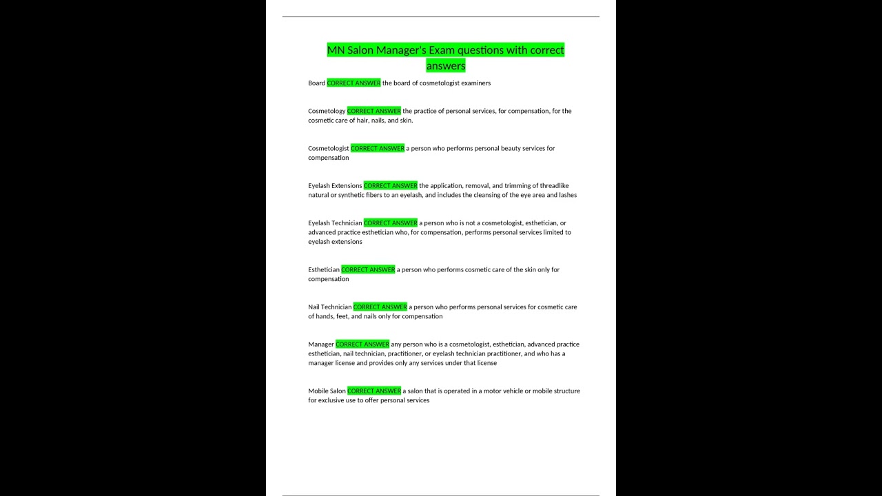 MN Salon Manager's Exam questions with correct answers