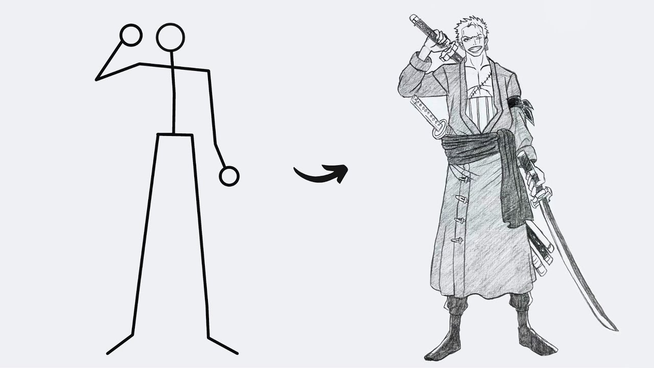 How to draw Roronoa Zoro Full Body out of Stick Man | Easy Step by Step