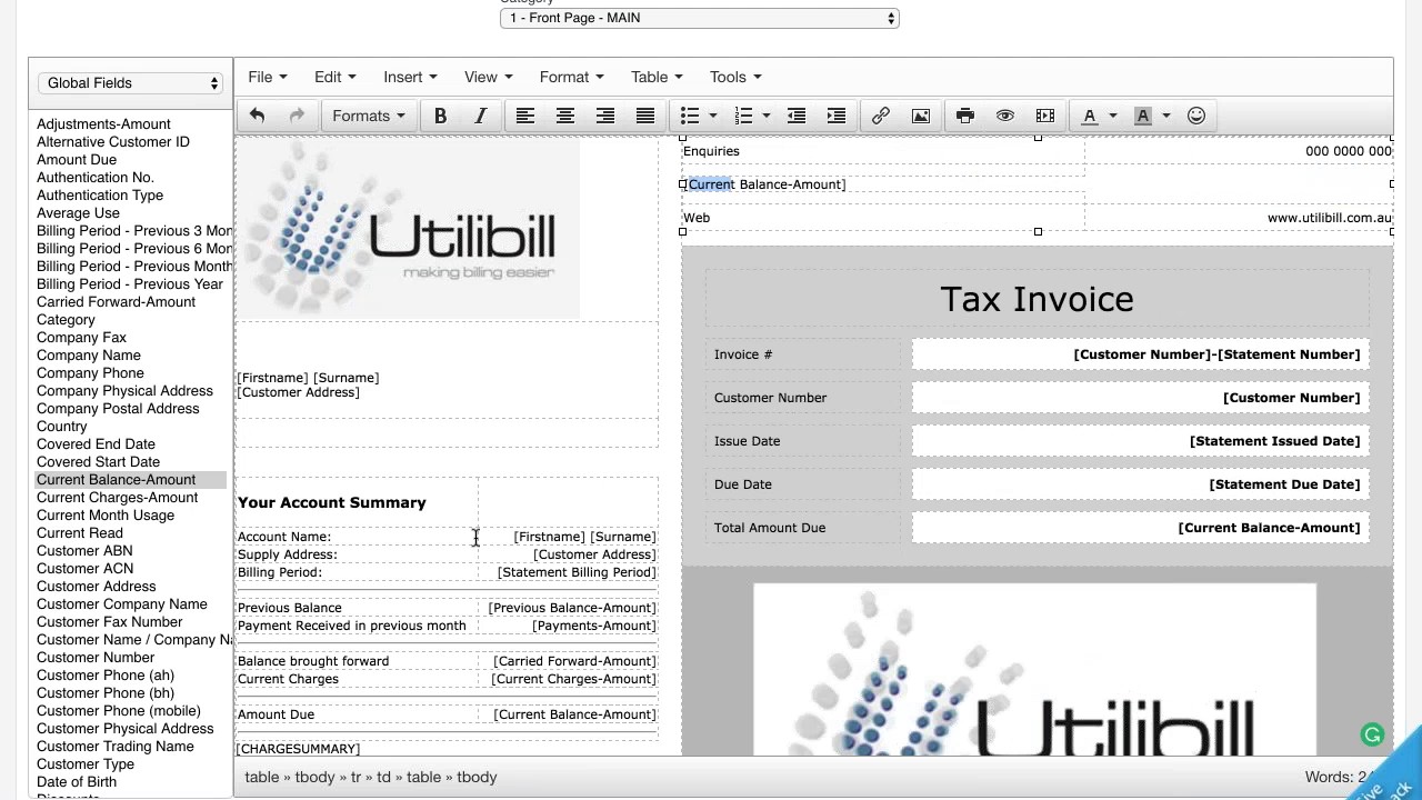 Utility Billing  Templates - Invoice Template Setup