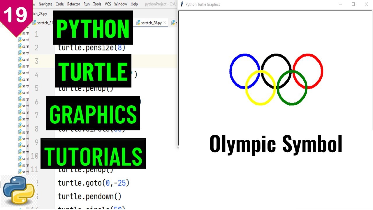 Draw Olympic Rings with Python Turtle | Python Turtle Graphics Tutorial#19 | python cool designs