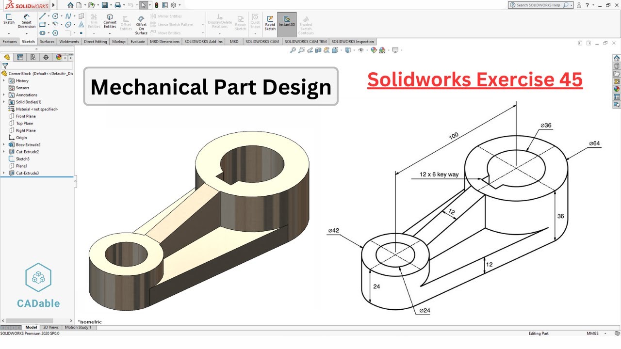 Mechanical Part Design | Solidworks Rib Command | Solidworks Exercise 45 | CADable Tutorials