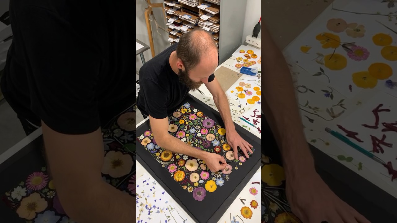 Colorful Pressed Flower Original Art Piece on Black Rived 280 gsm Print Making Paper