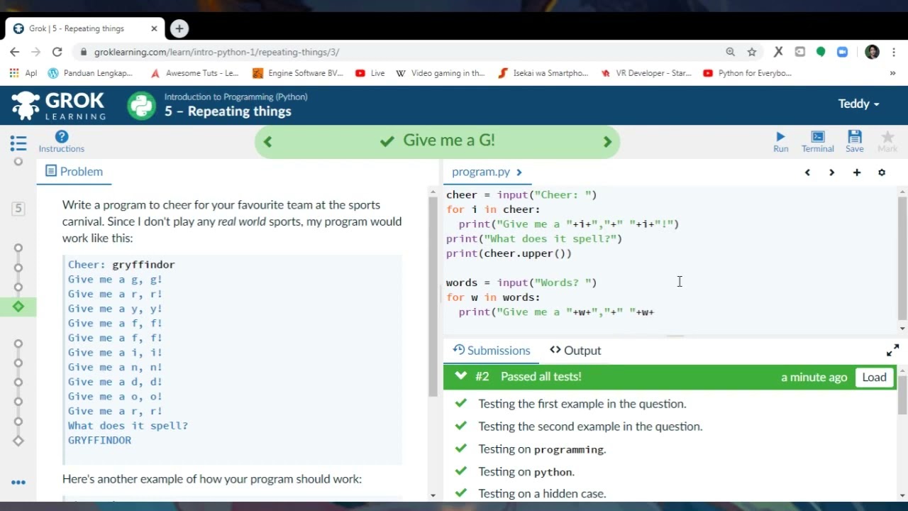 Grok Learning: Introduction to Programming Python Walkthrough Part 3 (Python Learning)