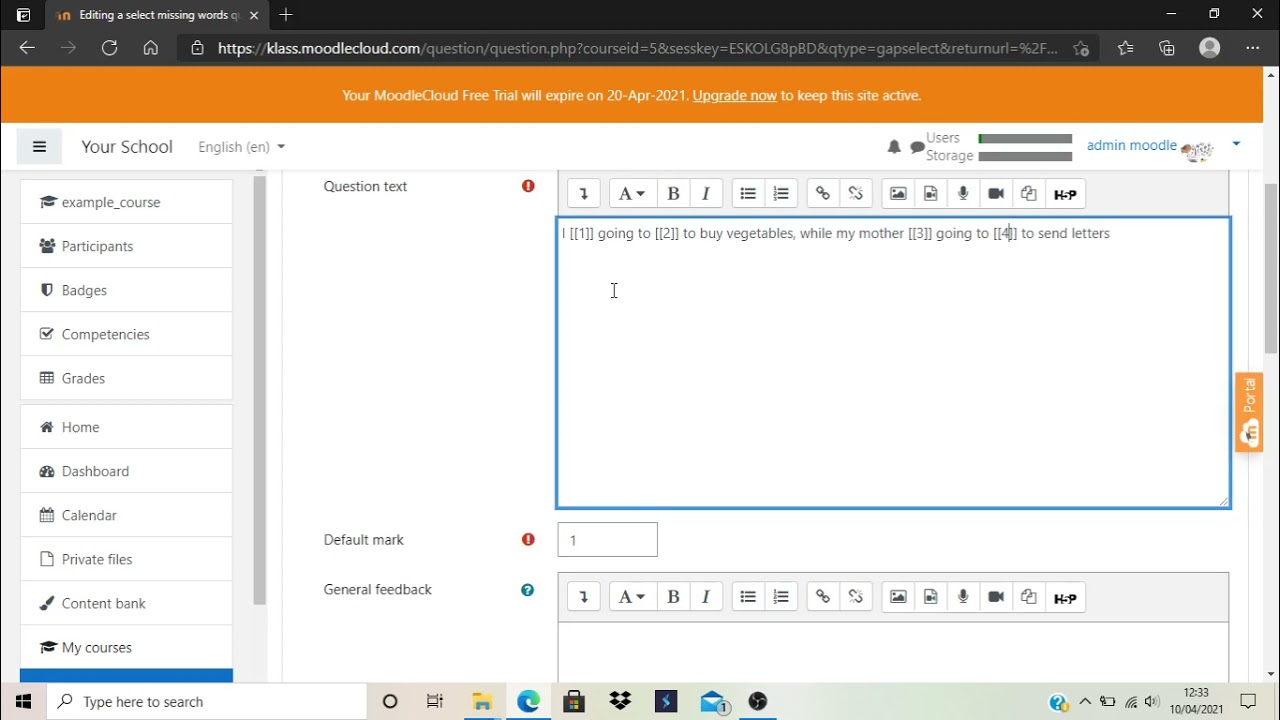 Missing word question type in Moodle