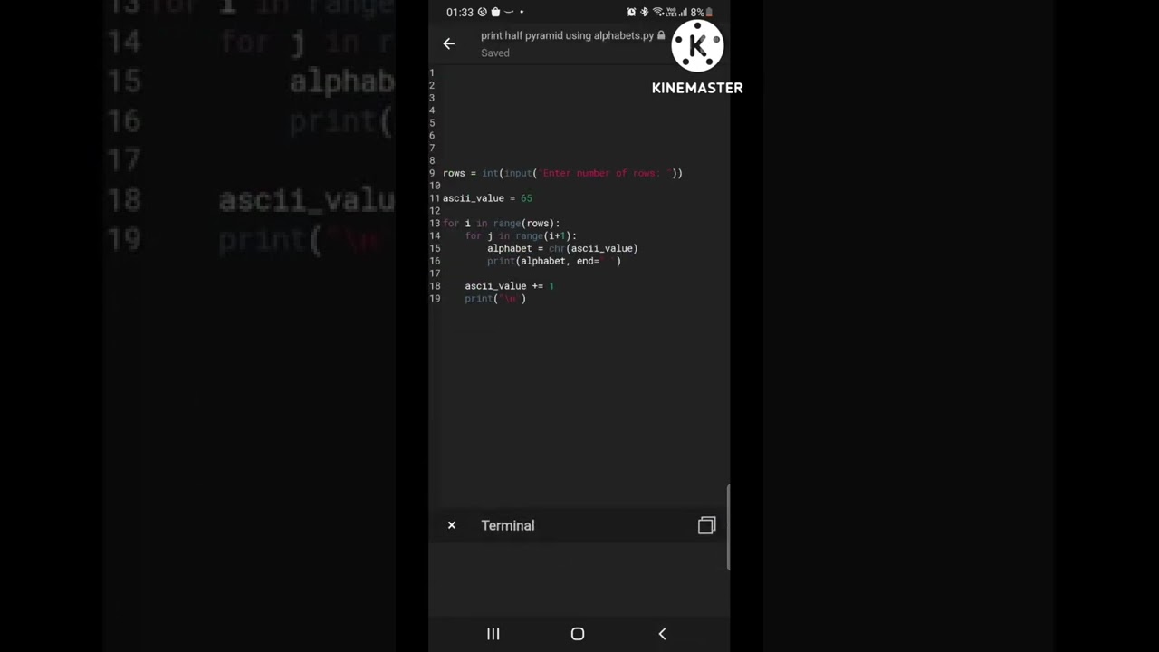 Python Program To Print Half Pyramid Using Alphabets #pythonprogramming