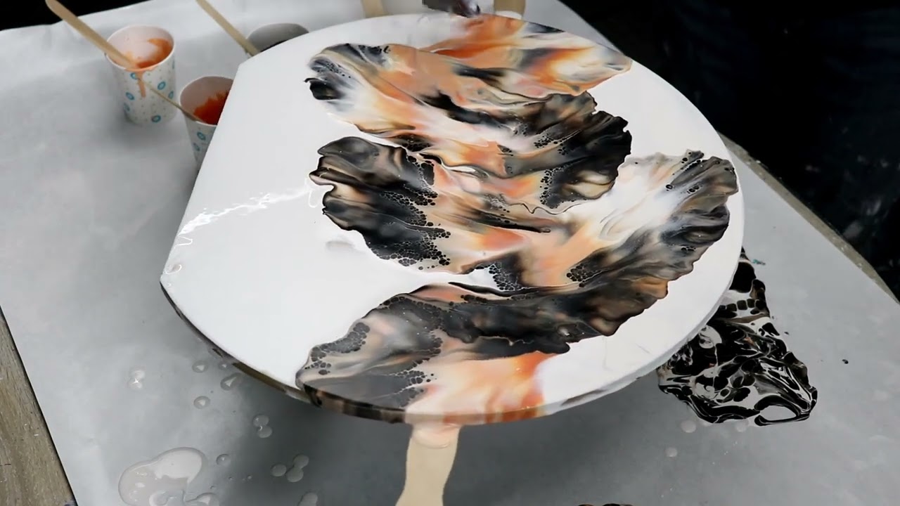 (742) Gorgeous Dutch Pour with Peach and Black, Acrylic Pour Technique