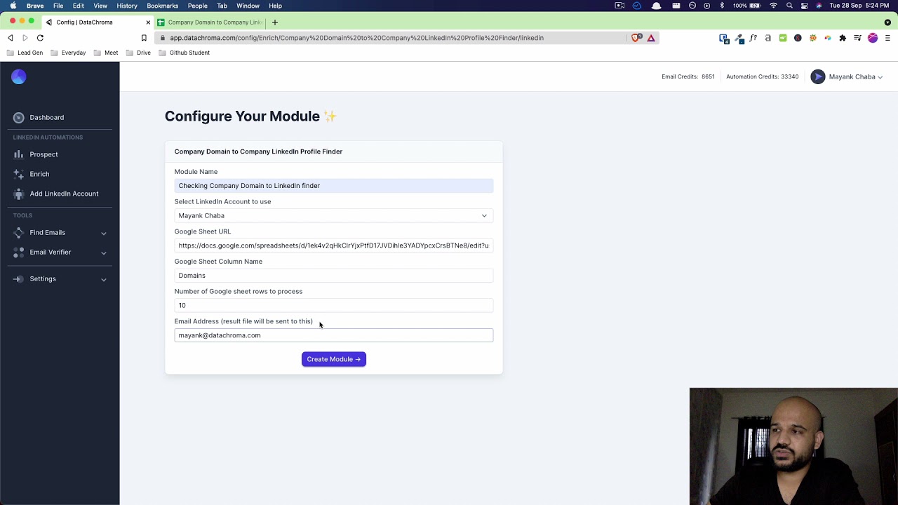 Company Domain to Company LinkedIn profile finder - Data Chroma Module