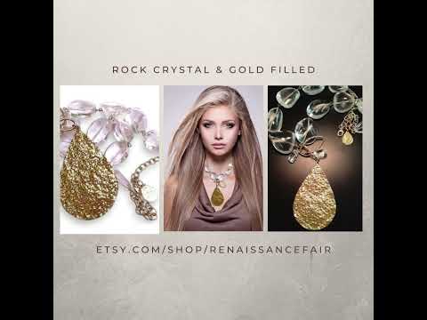 Clear Rock Quartz Gold Filled Necklace by DL, Modernist, Lavalier, Free Form Beads, Vintage