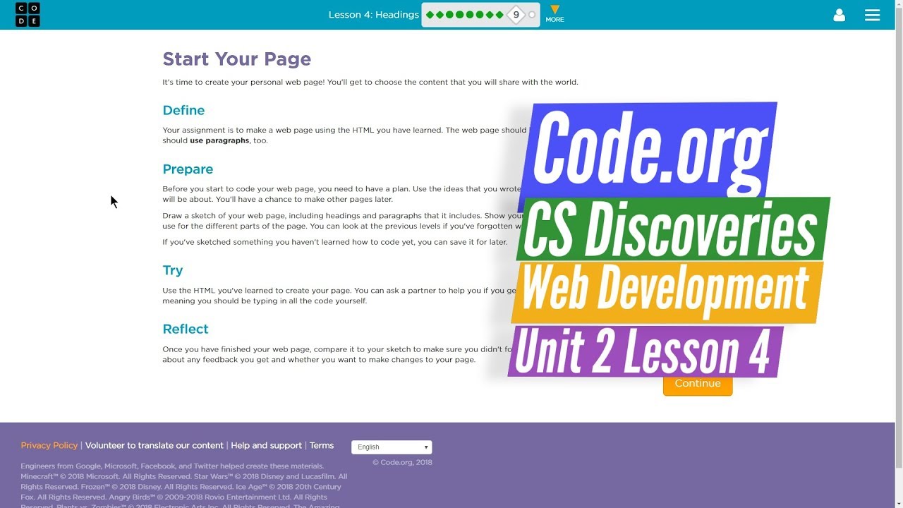 Headings - Lesson 4.9 Tutorial with Answers - Code.org Web Development