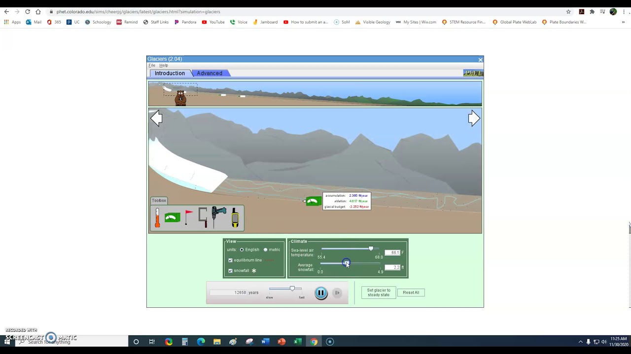 Glacier PhET simulation walkthrough