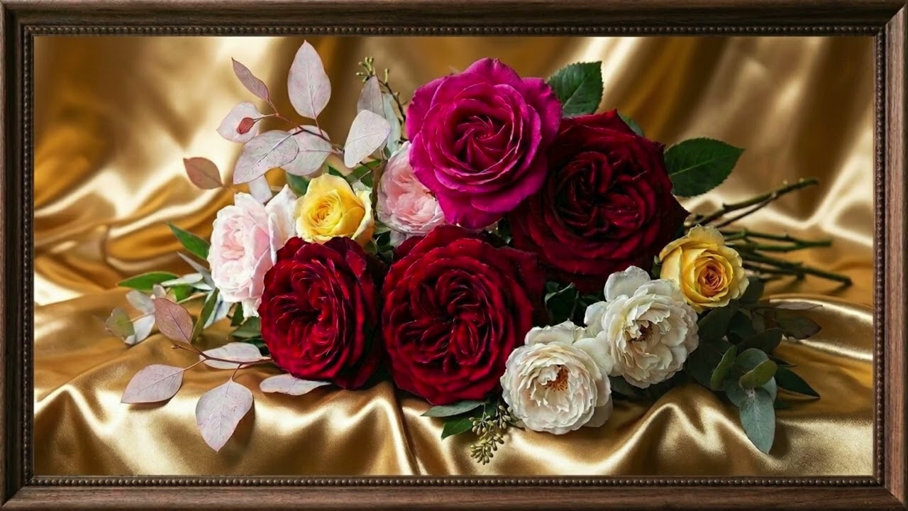 Rose Floral on Gold Silk Screensaver : Turn your TV into Art | wallpaper | Frame TV Art |