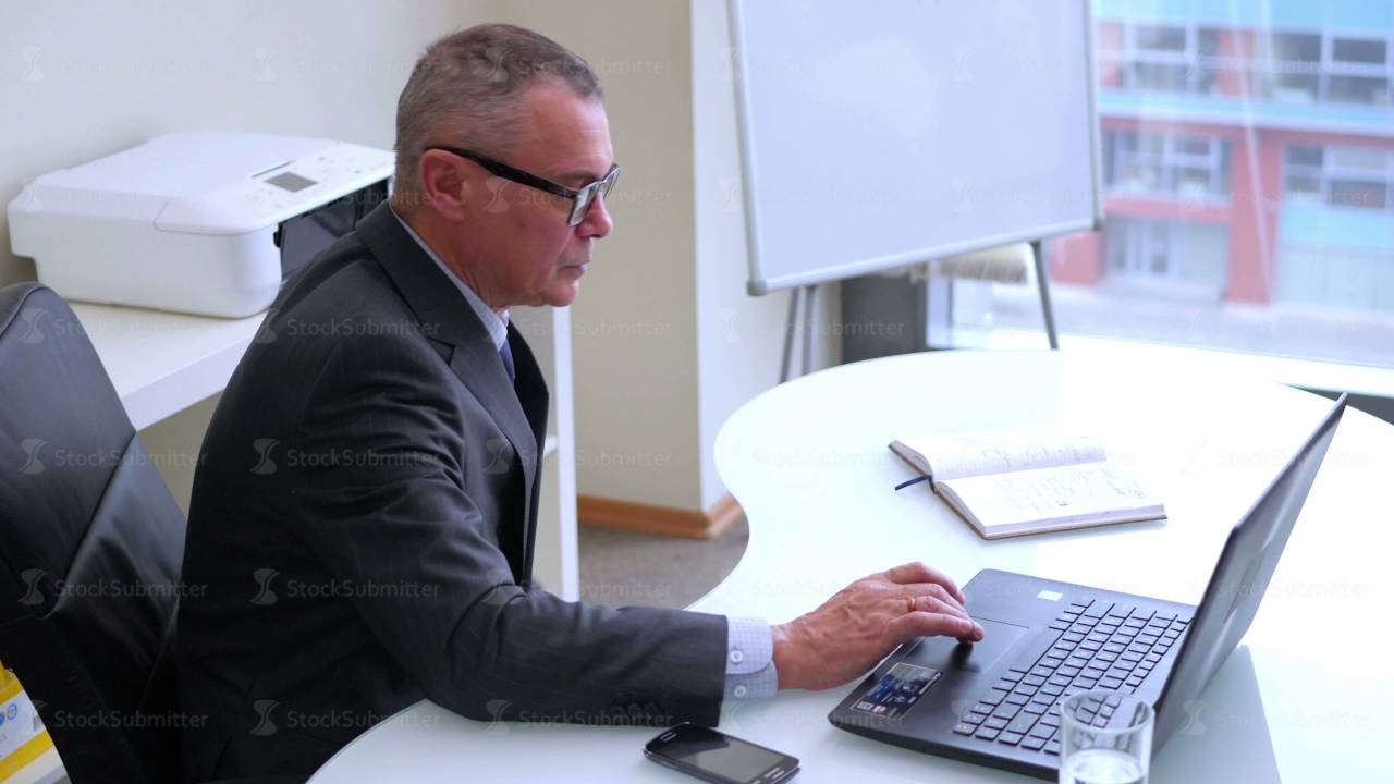 elderly businessman working with computer in office