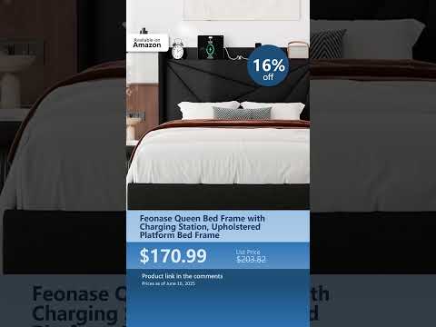 Feonase Queen Bed Frame with Charging Station, Upholstered Platform Bed Frame