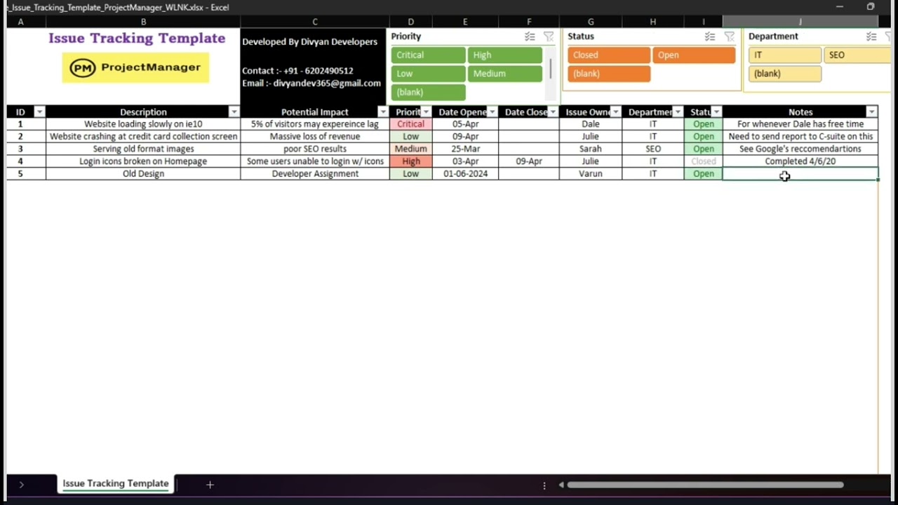 Download Free Issue Tracking Template Excel file with Advance Features