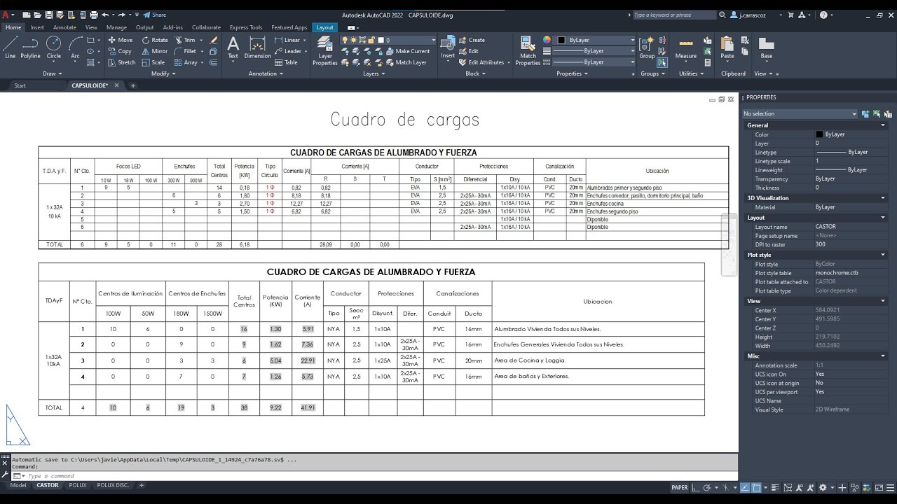 CUADRO DE CARGAS ELECTRICO - TABLA AUTOCAD