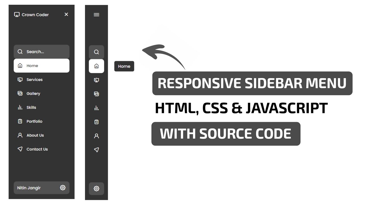 How to Create a Animated and Responsive Sidebar Menu Using Html Css | Crown Coder