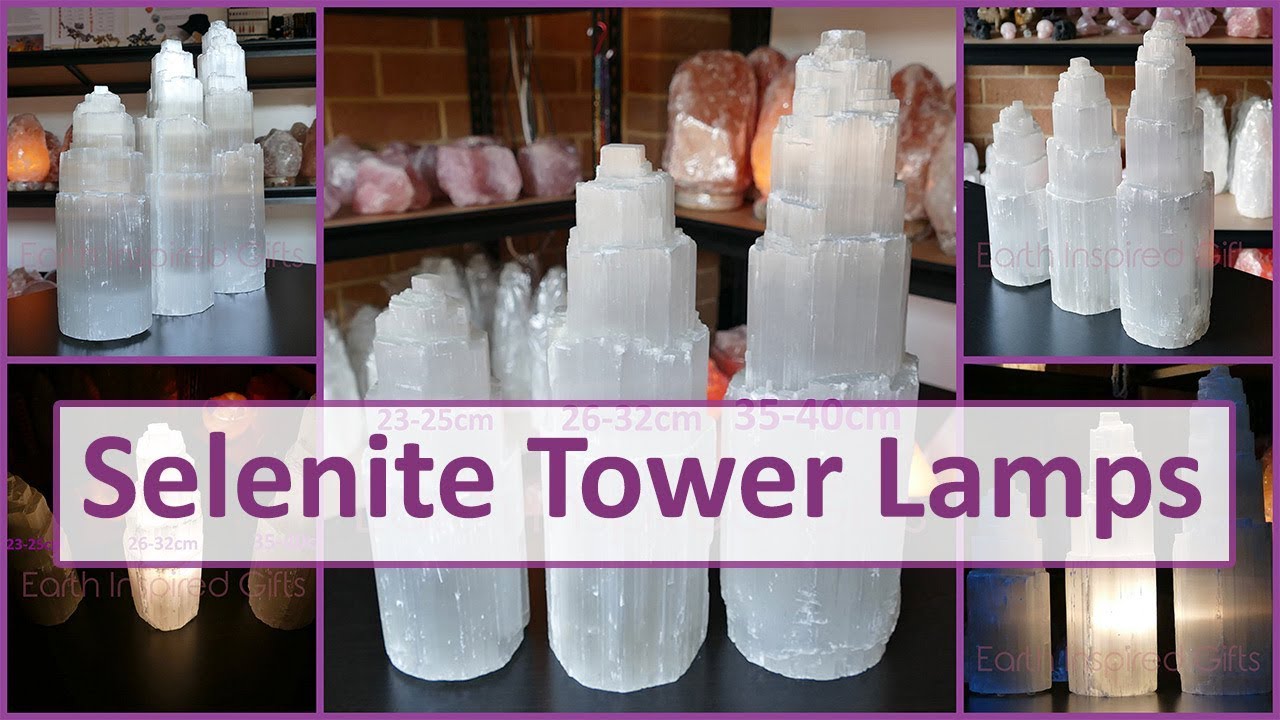 Selenite Tower Lamps Comparison with Three Sizes Small Medium and Large