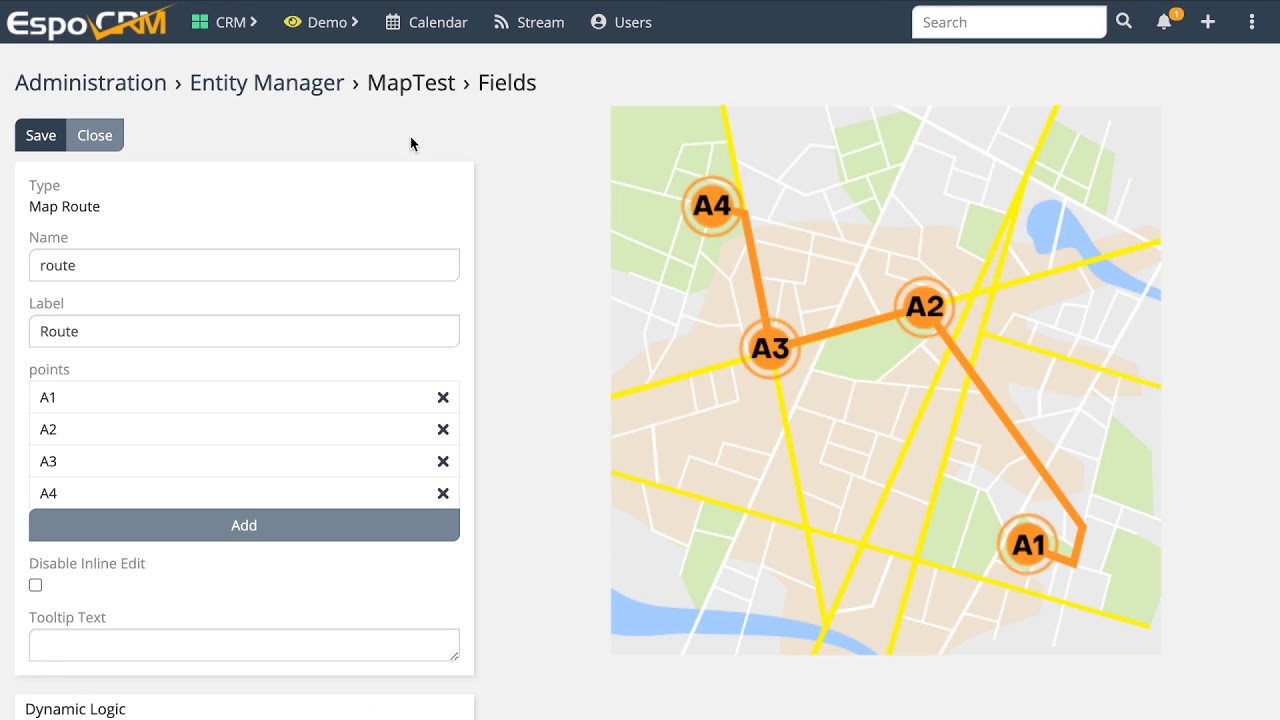 Espocrm map route & place search