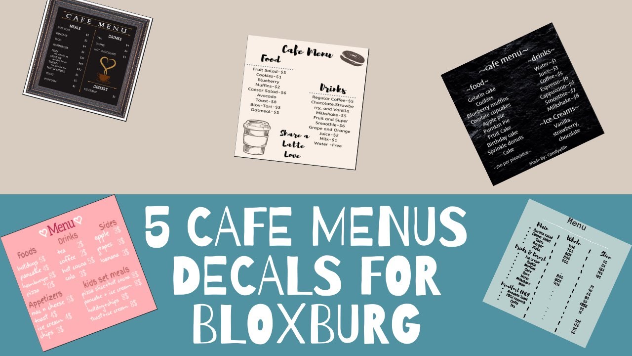 5 Cafe Menu Decals for bloxburg!