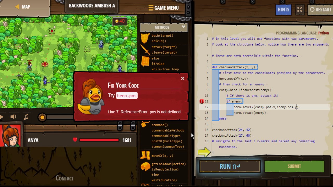 CodeCombat. Python solution.  Backwoods-ambush-a
