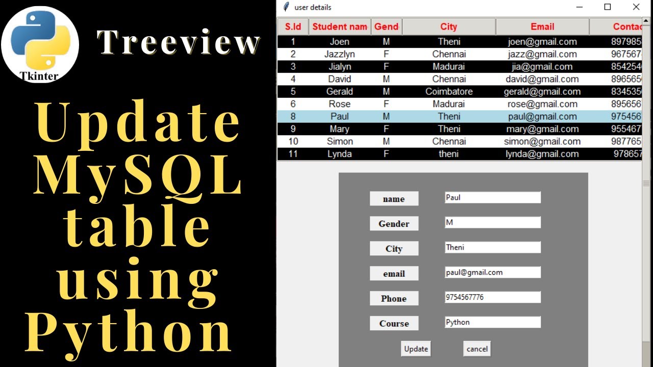 How to update MySQL table in Python using tkinter treeview