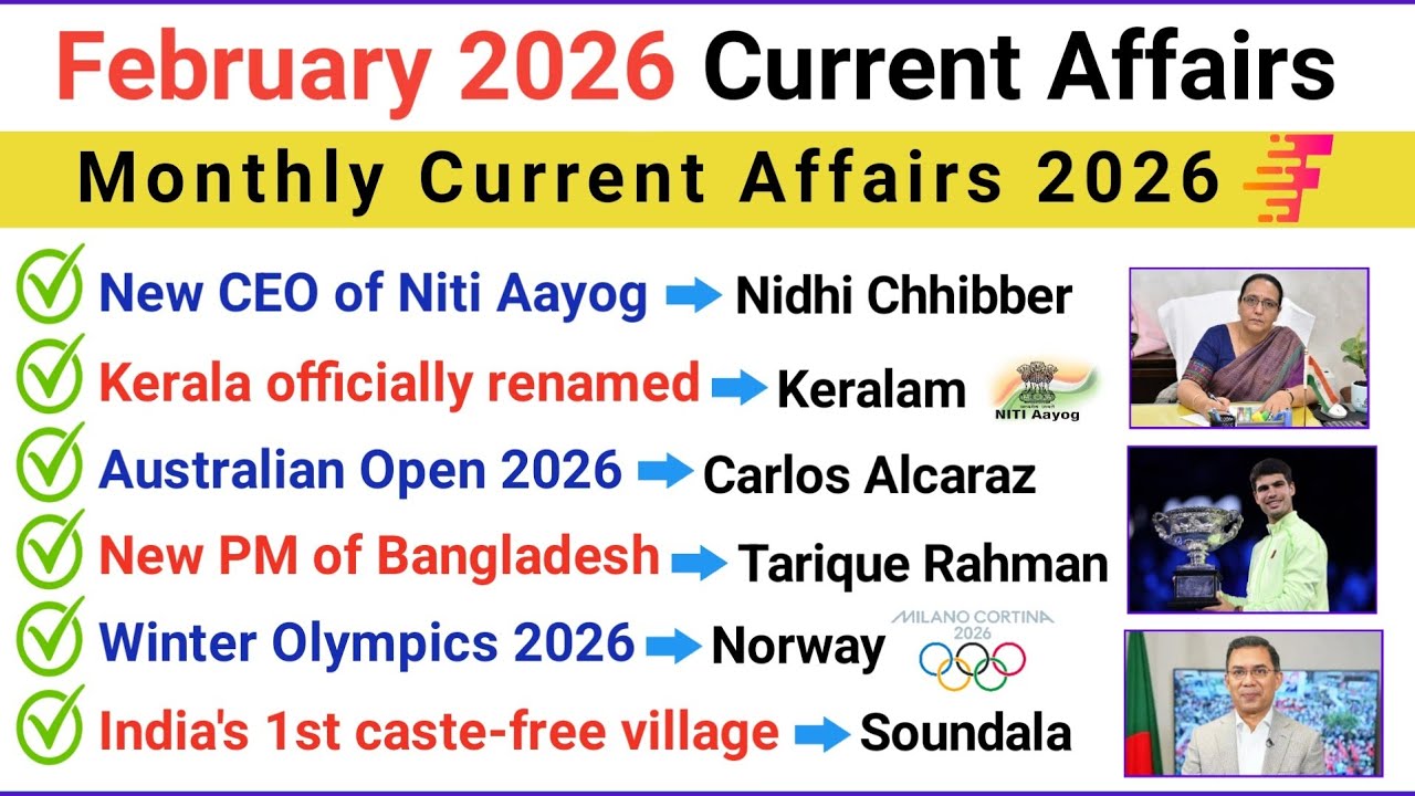 February 2026 Current Affairs | Top 100 MCQs | Monthly Current Affairs Quiz | GK Questions