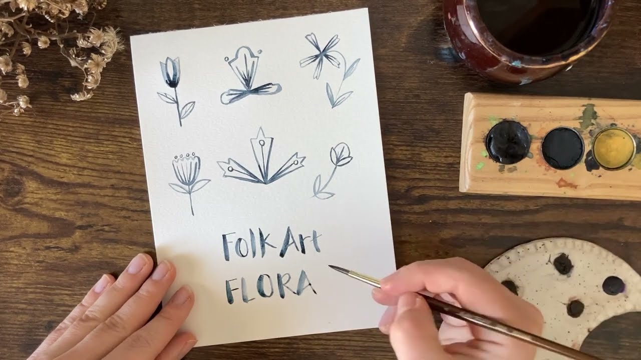 6 Easy Flowers to Paint with Watercolor | Folk Art Style | Line Art