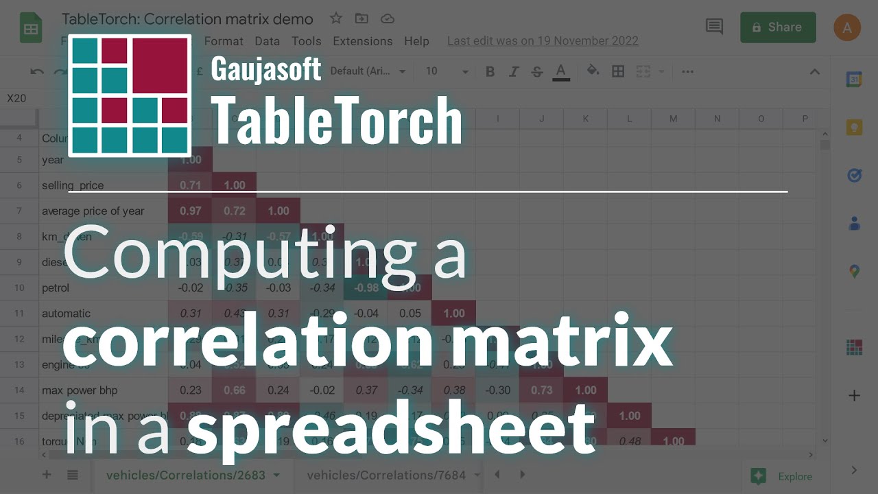 Compute a correlation matrix in Google Sheets with TableTorch