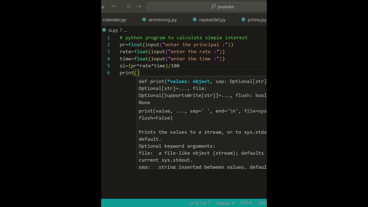 python program to calculate simple interest#pythontutorial #pythonprogramming #simpleinterest