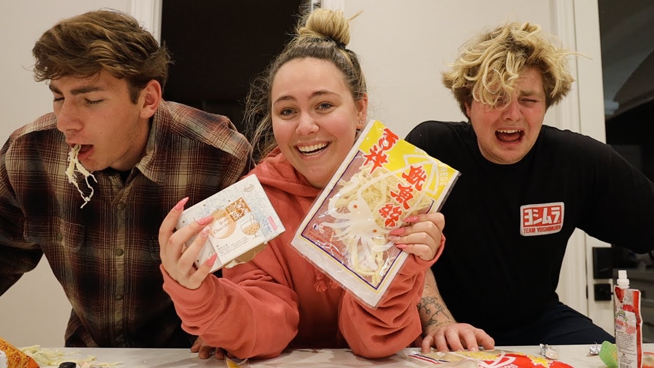 Trying strange snacks with my friends!