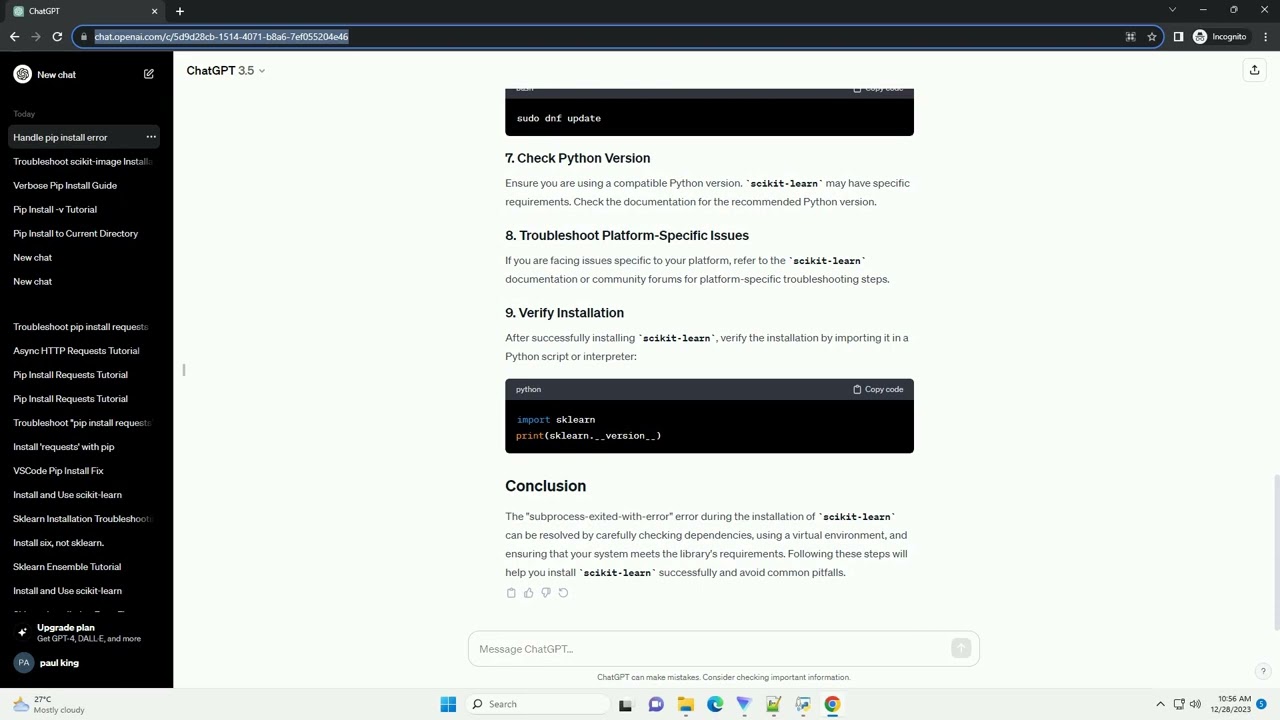pip install scikit learn subprocess exited with error