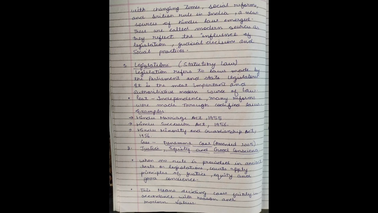Hindu Law:- Modern and Ancient sources Handwritten notes 