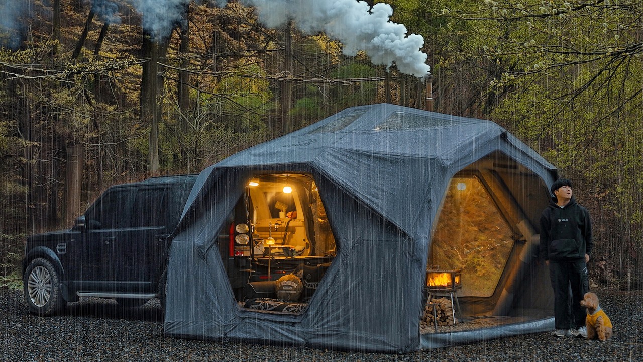 Camping in Rain with My Dog . Giant Inflatable Tent . Sound of Rain ASMR