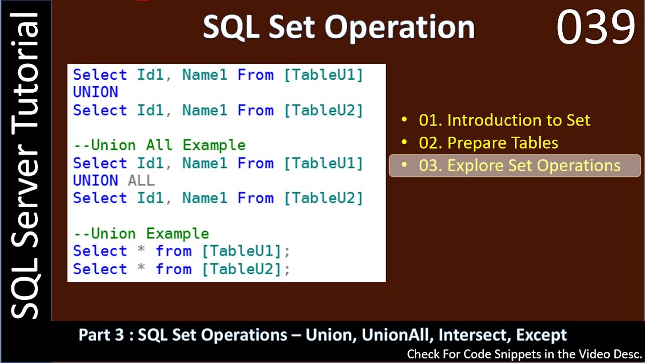 SQL Set Operators | Part 3 - Union, UnionAll, Intersect, Except | SSMS TSQL Tutorial #39