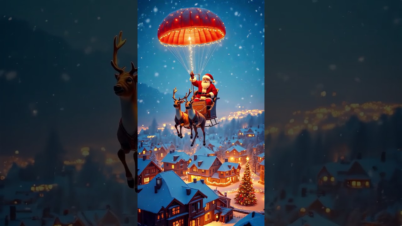 AI-generated video | Santa Claus delivers presents by parachute to a snowy town! ❄️🎅🏻