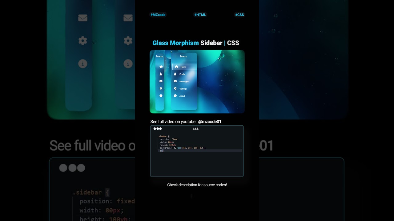 Design a Glass Morphism Sidebar🌟 | Pure HTML/CSS Tutorial | mzcode01 #css #coding #shorts #webdesign