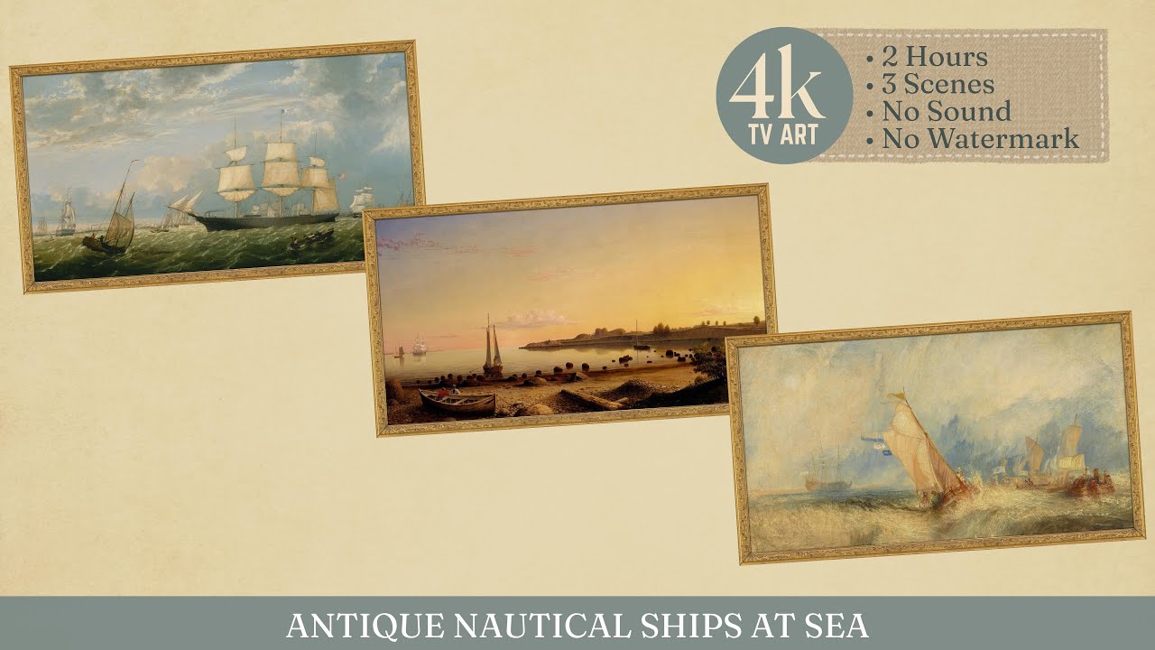 Vintage TV Art Wallpaper - Nautical Boat Ocean Sea Paintings Gold Frame | 4K | Framed Screensaver