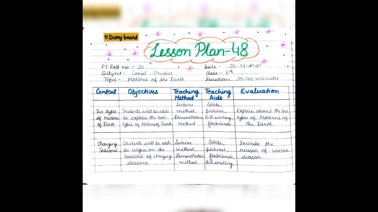 Diary lesson plan | motions of the earth  6th class sst lesson plan | NCERT | CBSE | B.Ed.