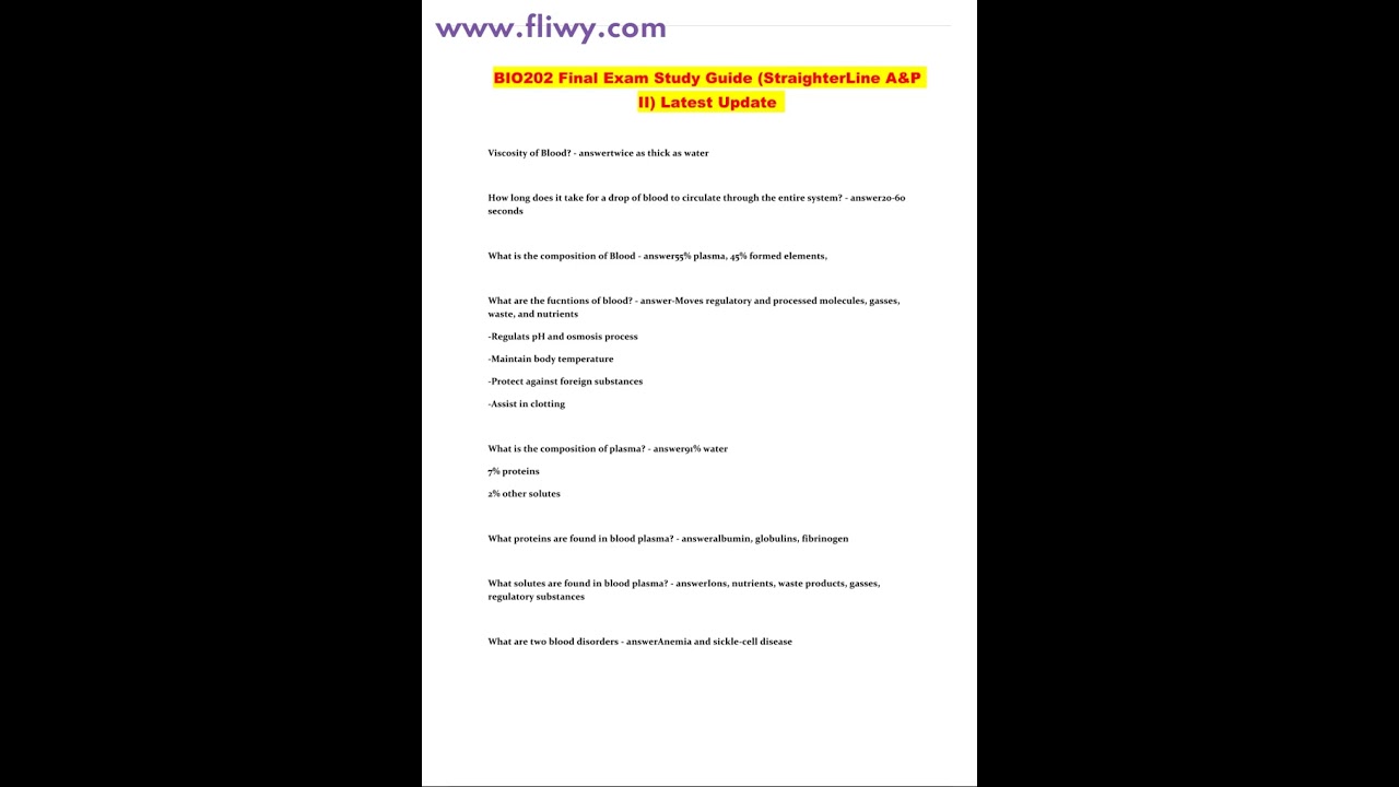 BIO202 Final Exam Study Guide (StraighterLine A&P II) Latest Update