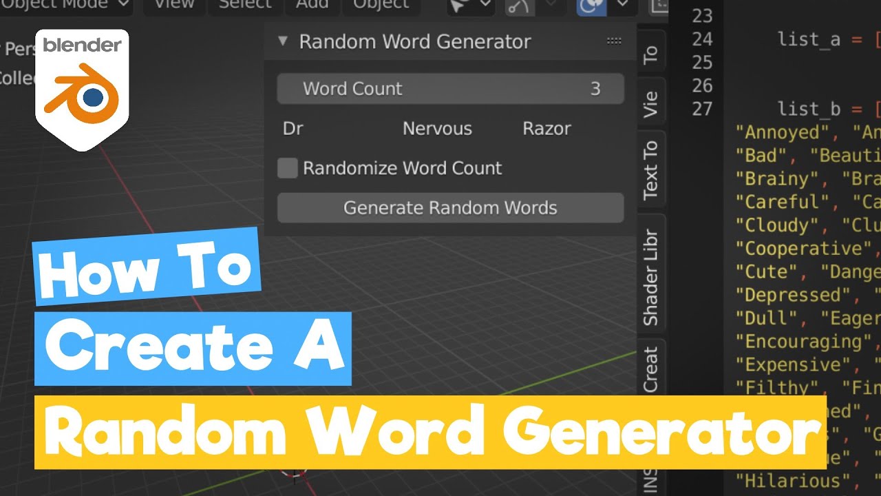 Blender Python Tutorial : How to make a Random Word Generator [learn python for beginners]