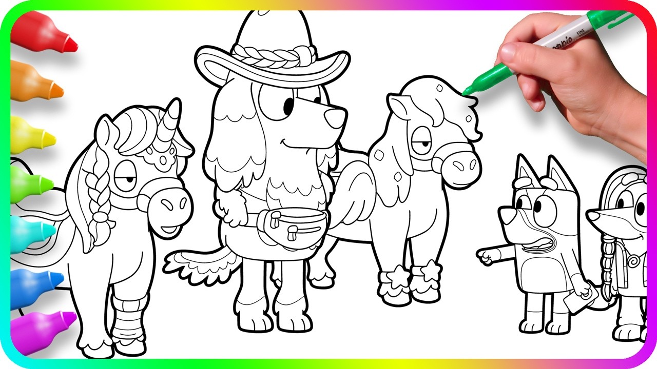 I show you How to color BLUEY Coloring Pages / Bluey and Indy with PONIES