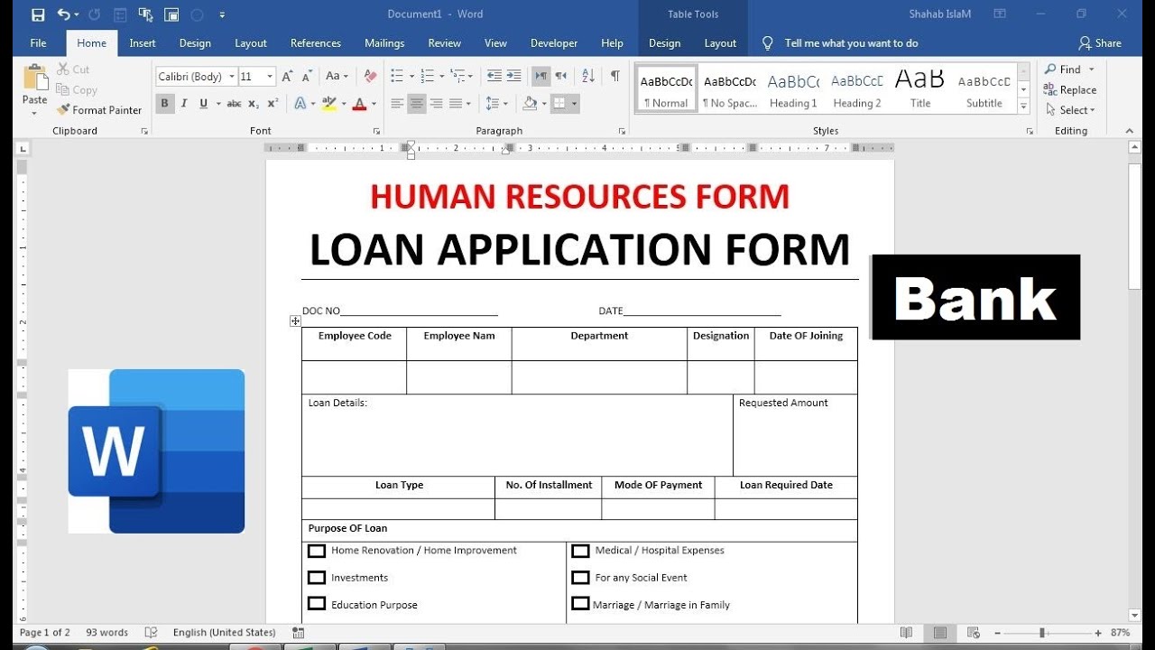 How To Make bank loan application form in Ms Word | simple loan application form