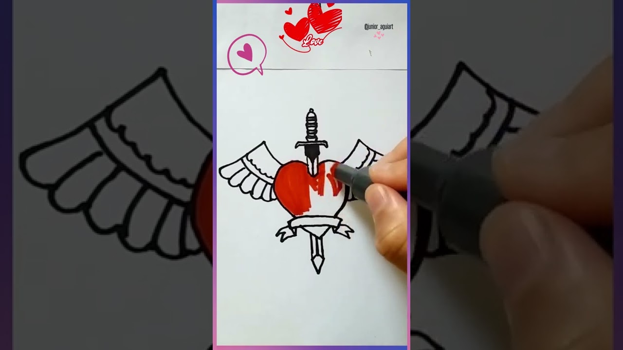 Desenhando coração com asas e espada estilo tatoo facil