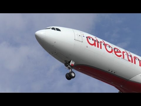 EXTREME CLOSE UP Air Berlin Airbus A330-223 D-ALPI AB 7493 overhead approach at Berlin Tegel Airport