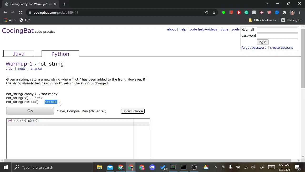 Coding Bat Problem 9 Not String