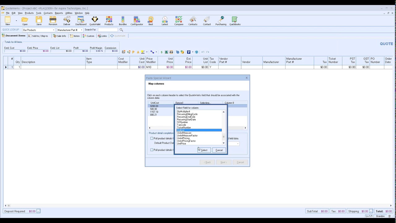 QuoteWerks Paste Special