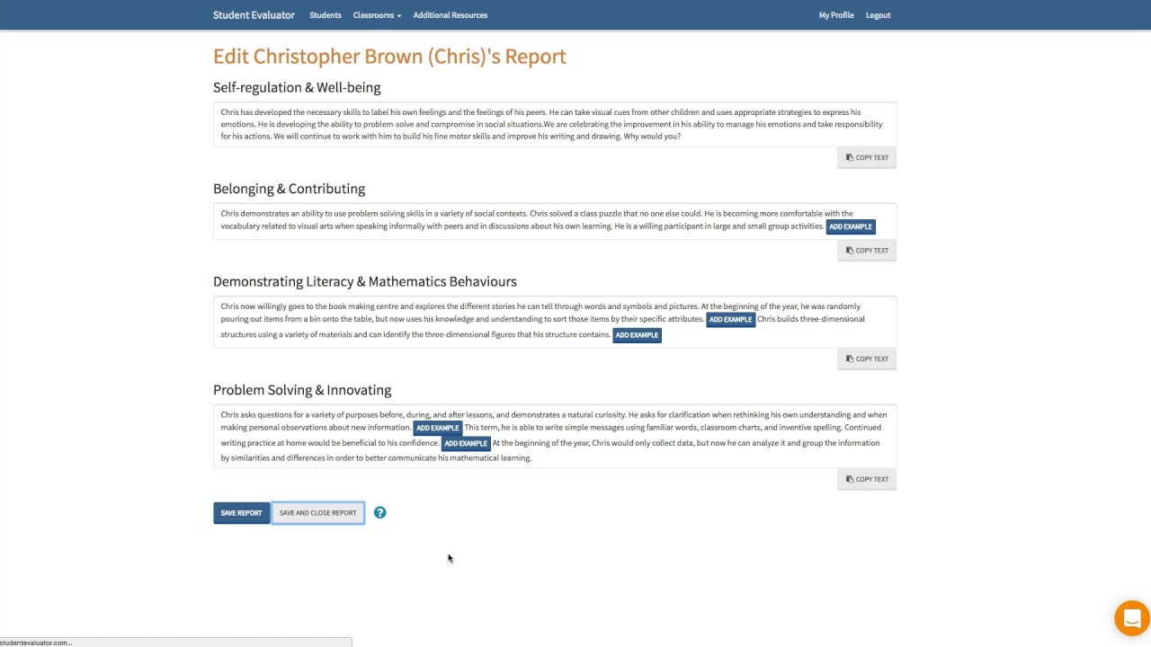 Editing Reports - Student Evaluator